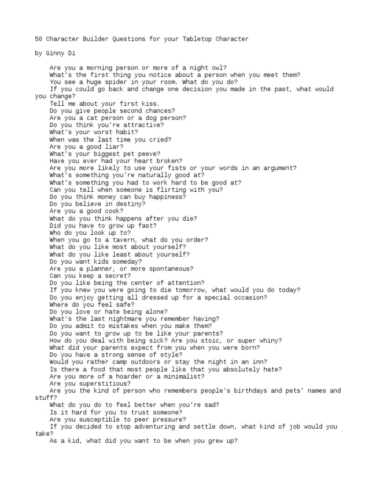 50 Character Builder Questions For Your Tabletop Character | PDF