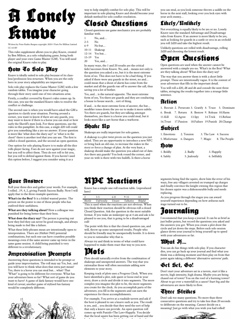 A Lonely Knave Solo Roleplay (Knave) | PDF | Leisure