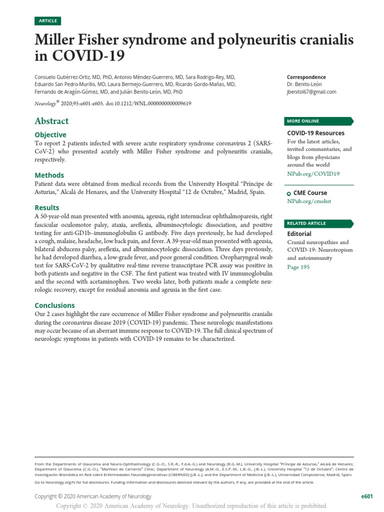 Miller Fisher Syndrome and Polyneuritis Cranialis | PDF | Peripheral ...