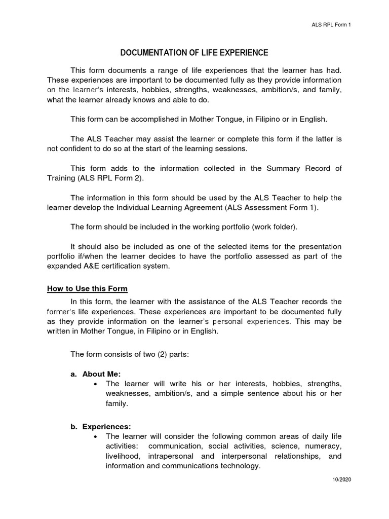 ALS RPL Form 1: Life Experience Documentation | PDF | Learning | Computing