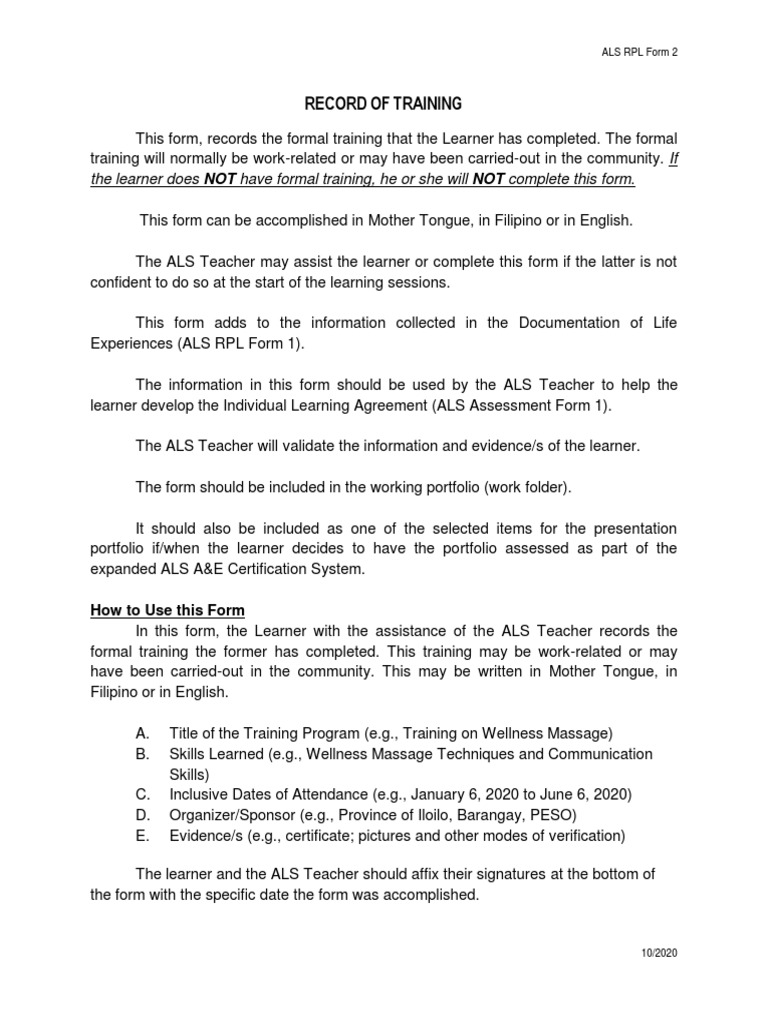 Documenting Formal Training: ALS RPL Form 2 | PDF | Education Theory ...