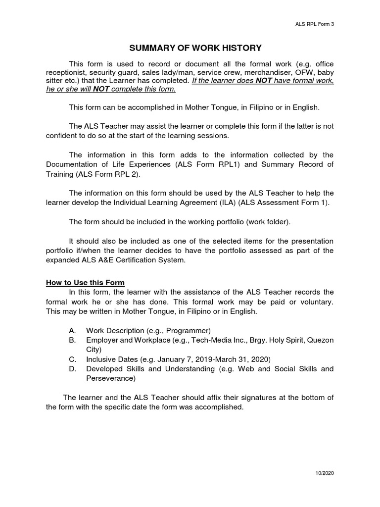 Als RPL Form 3 - Summary of Work History | PDF | Teaching | Learning