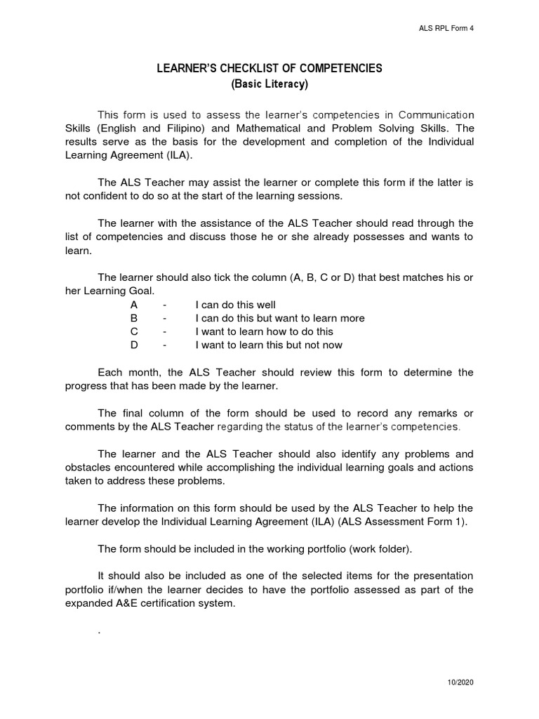 Als RPL Form 4 - Learner's Checklist of Competencies For Basic Literacy | PDF | Word | Weight