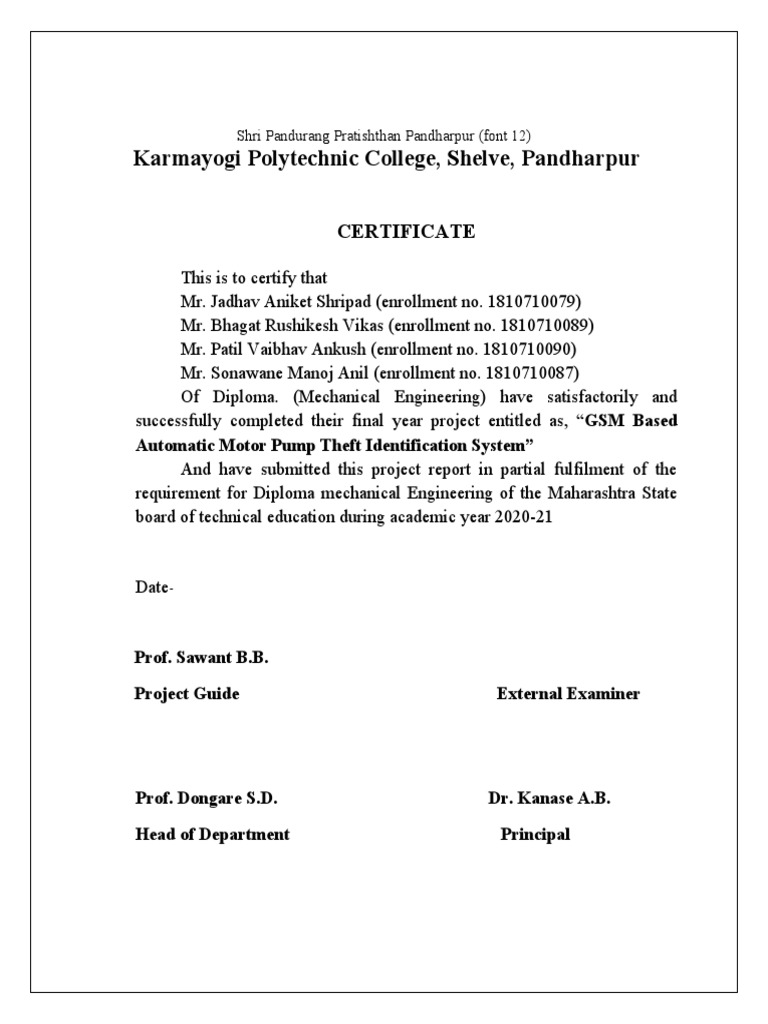 Karmayogi Polytechnic College, Shelve, Pandharpur: Certificate | PDF