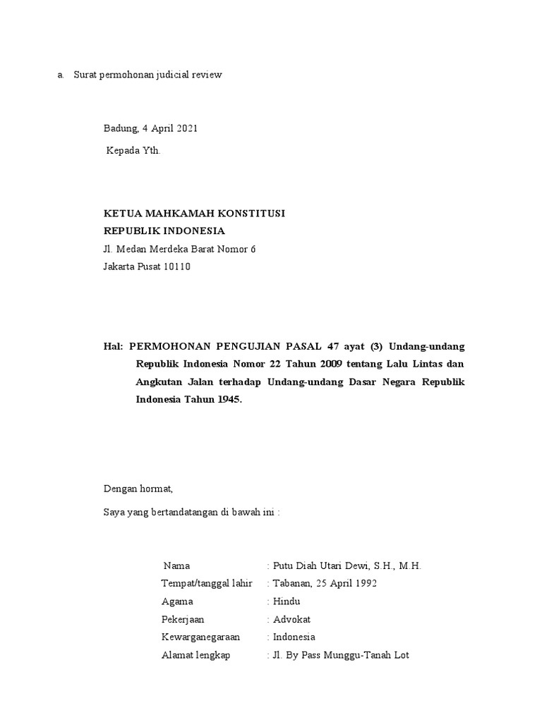 Surat Permohonan Judicial Review | PDF
