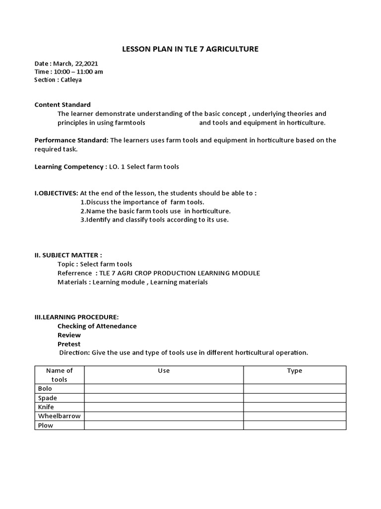 Lesson Plan: Farm Tools in TLE 7 | PDF | Lesson Plan | Farms