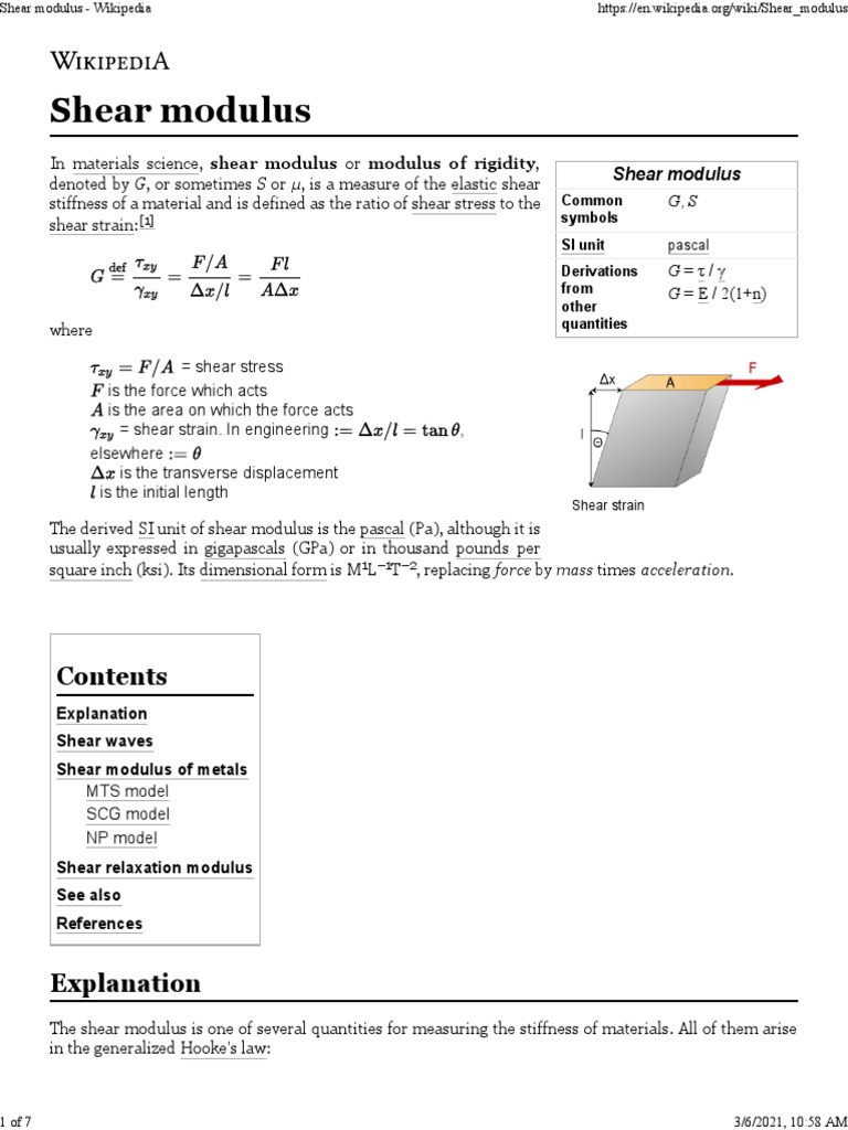 Shear Modulus - Wikipedia | PDF | Young's Modulus | Pascal (Unit)