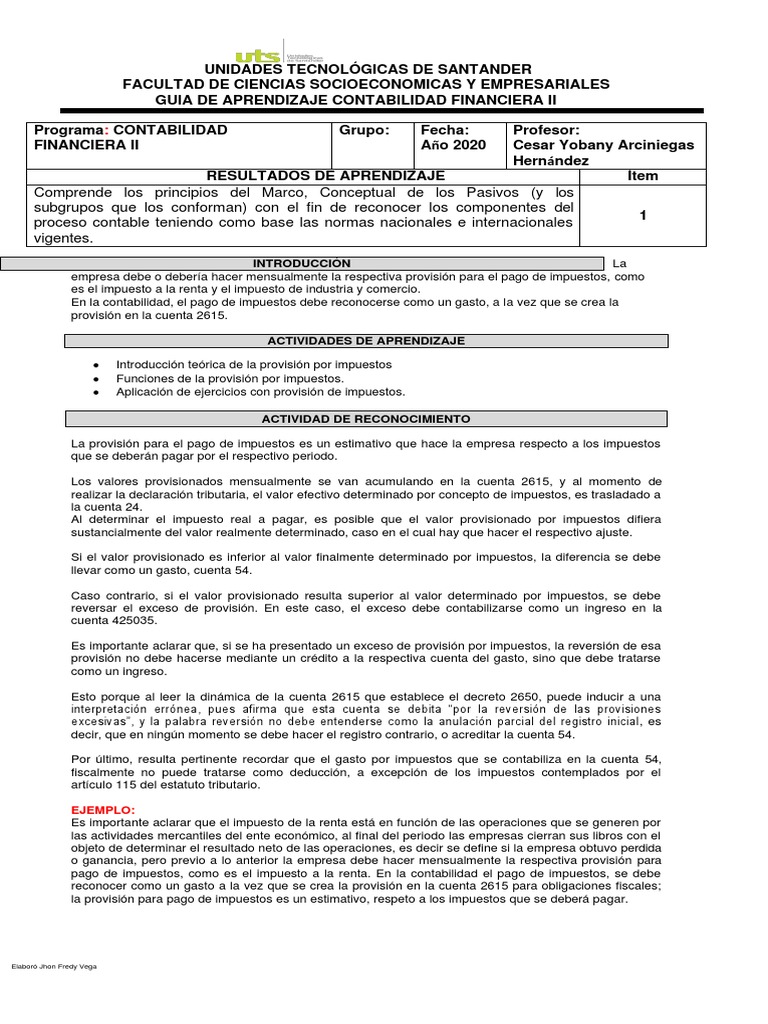 Guia 3 Provisiones Contabilidad Financiera 2 | PDF | Impuestos ...