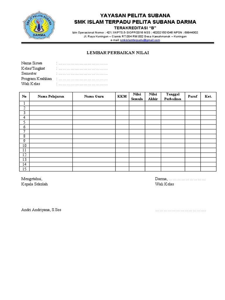 Lembar Perbaikan Nilai Siswa SMK | PDF