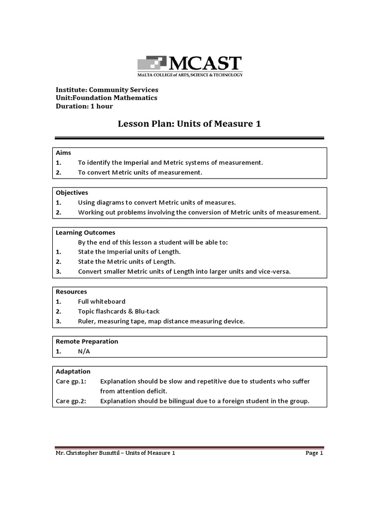 Lesson Plan Lesson Plan: Units of Measure 1 | PDF | Measurement | Metrology