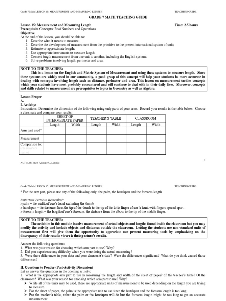 Grade 7 Math Lesson 15: Measurement and Measuring Length Teaching Guide ...