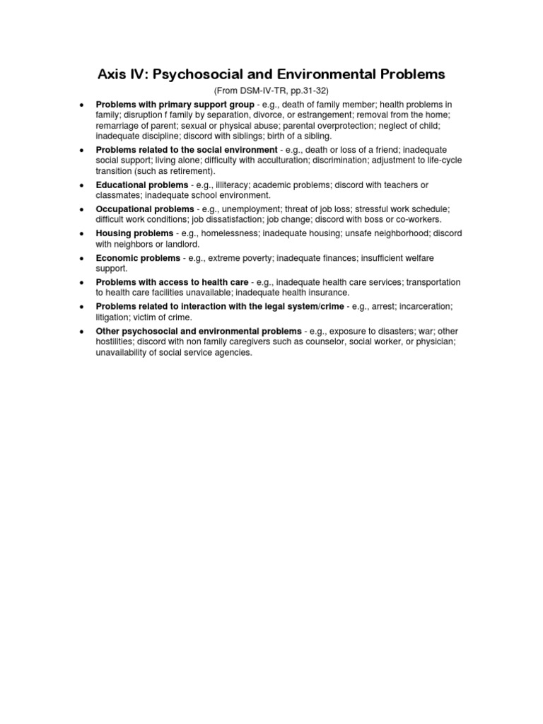 Axis IV: Psychosocial and Environmental Problems | PDF