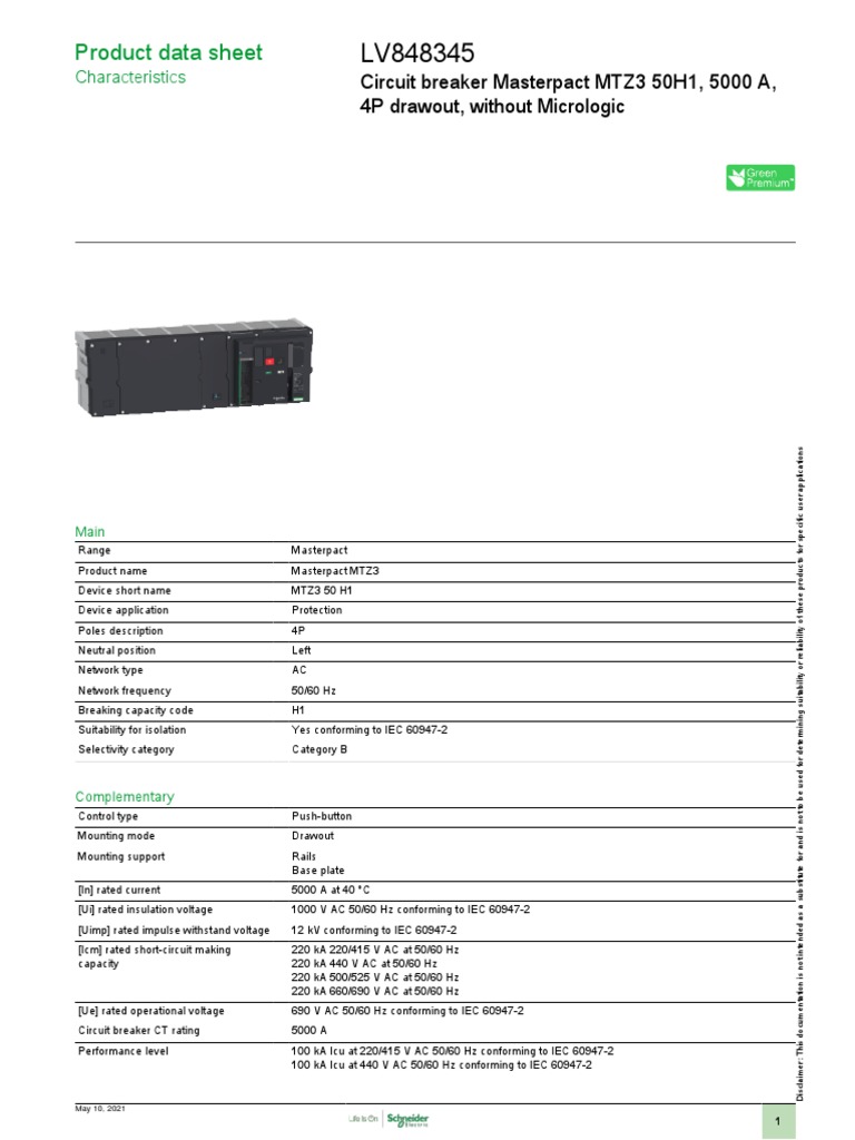 Product Data Sheet: Circuit Breaker Masterpact MTZ3 50H1, 5000 A, 4P ...