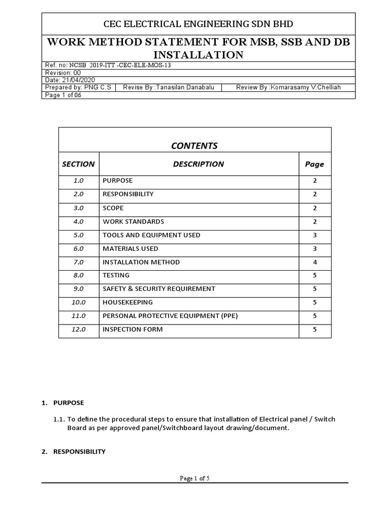 Installation of Electrical Panels: A Work Method Statement for ...