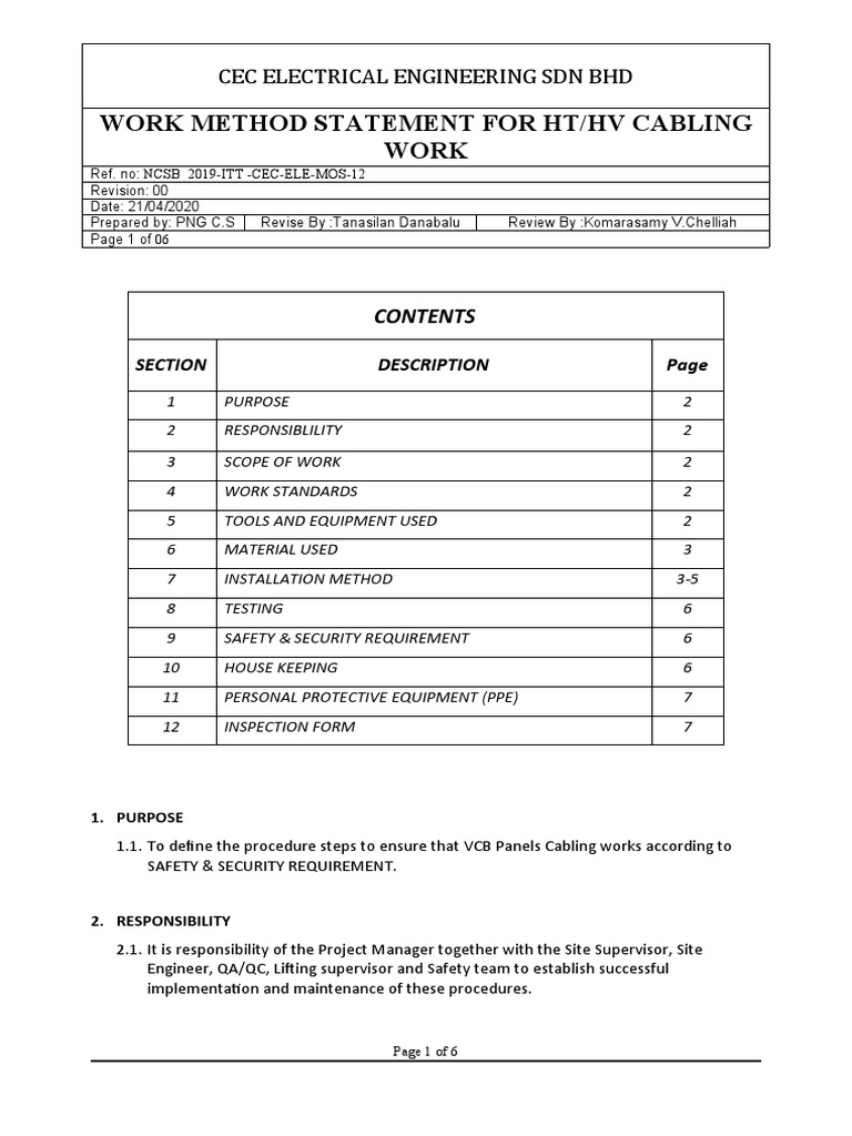 Work Method Statement For HT/HV Cabling Work: Cec Electrical ...