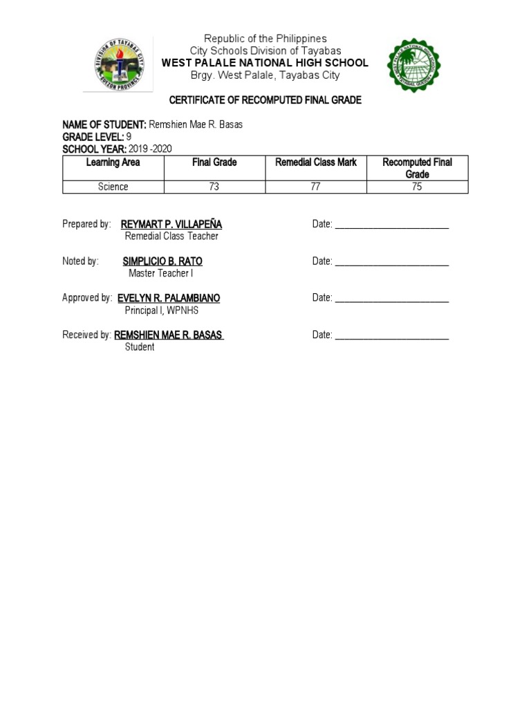 Certificate of Recomputed Final Grade | PDF