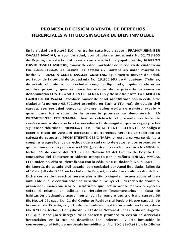 Promesa de Cesion de Derechos Herenciales | PDF | Propiedad | Derecho ...