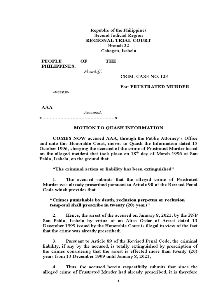 Motion-to-Quash-Information-Prescription Final | PDF | Murder | Crime ...