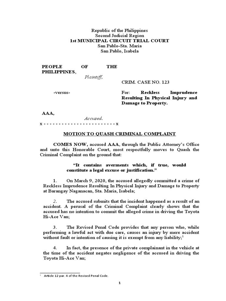 Motion-to-Quash-Complaint-avernment Excuse | PDF | Criminal Law | Complaint