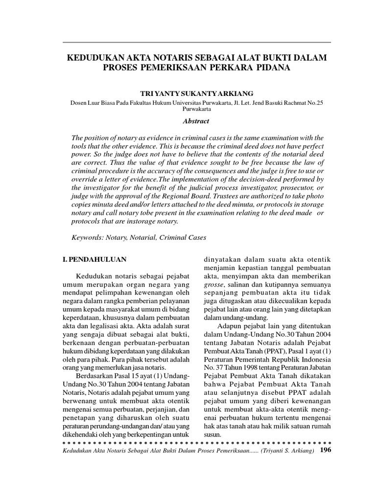 Kedudukan Akta Notaris Sebagai Alat Bukti Dalam Proses Pemeriksaan Perkara Pidana | PDF
