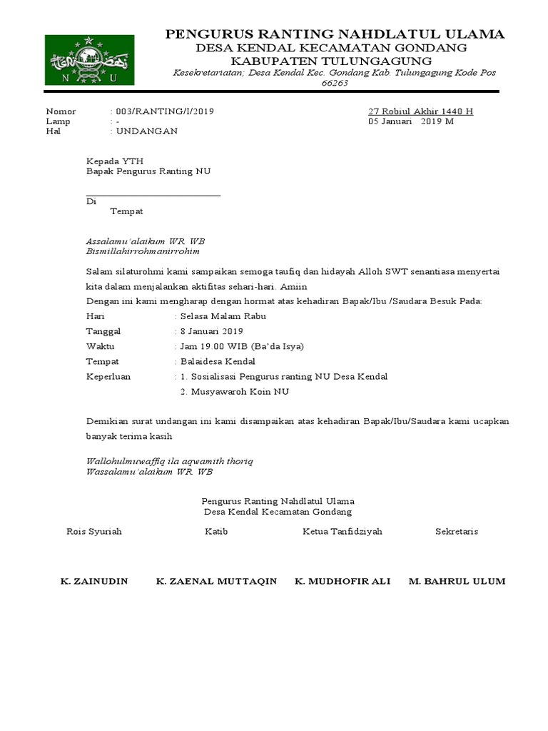 Kop Surat NU Ranting Kendal | PDF