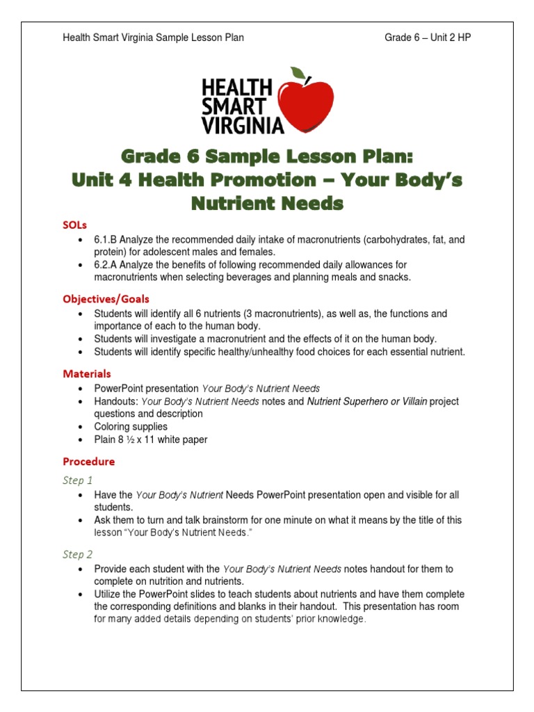 Grade 6 Sample Lesson Plan: Unit 4 Health Promotion - Your Body's ...
