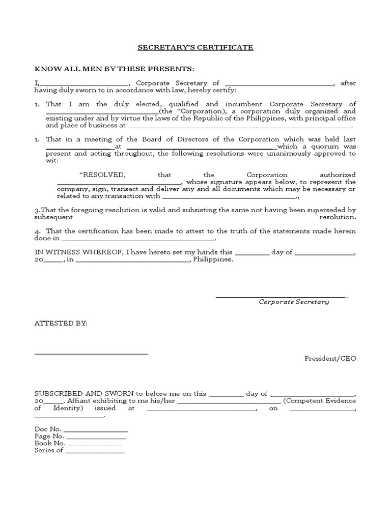Secretary Certificate For Supplier | PDF