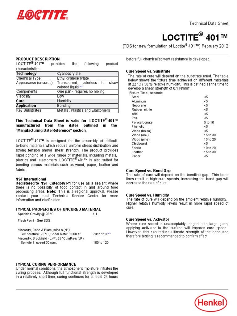 Loctite 401™: Technical Data Sheet | PDF | Viscosity | Adhesive