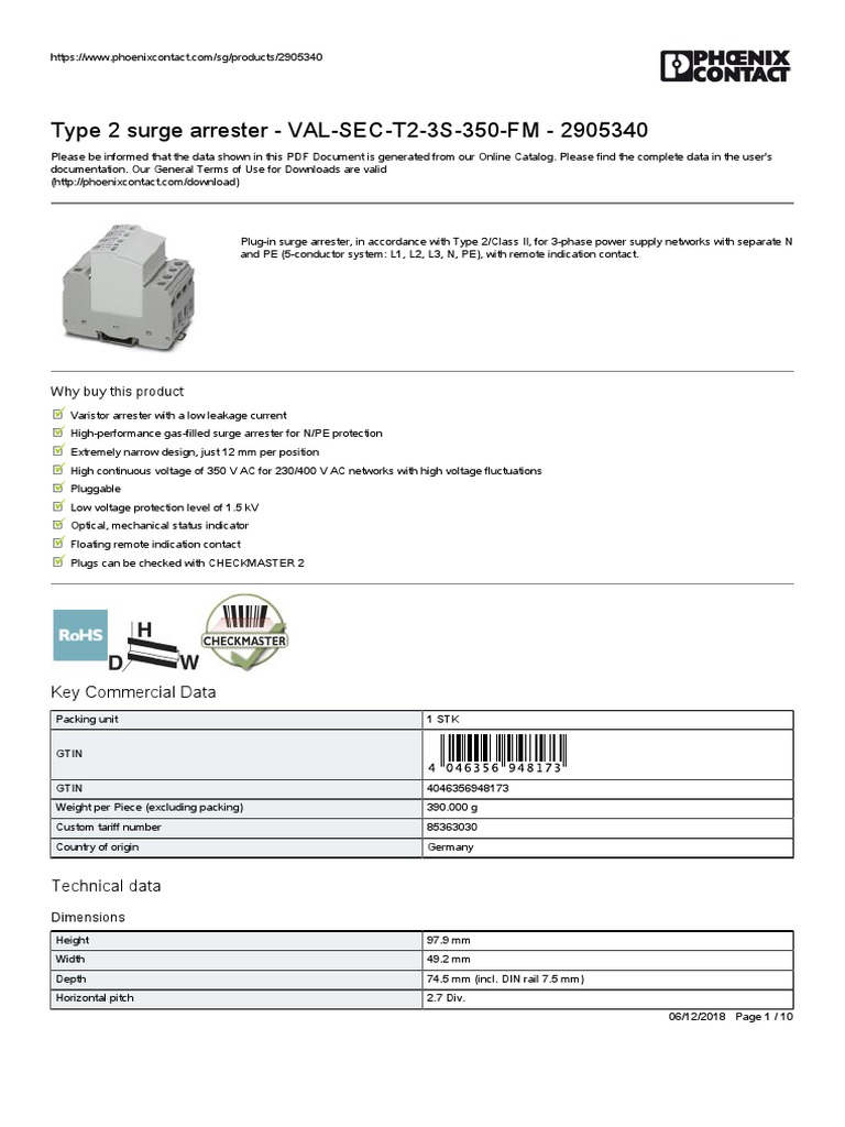 Type 2 Surge Arrester - VAL-SEC-T2-3S-350-FM - 2905340: Why Buy This ...