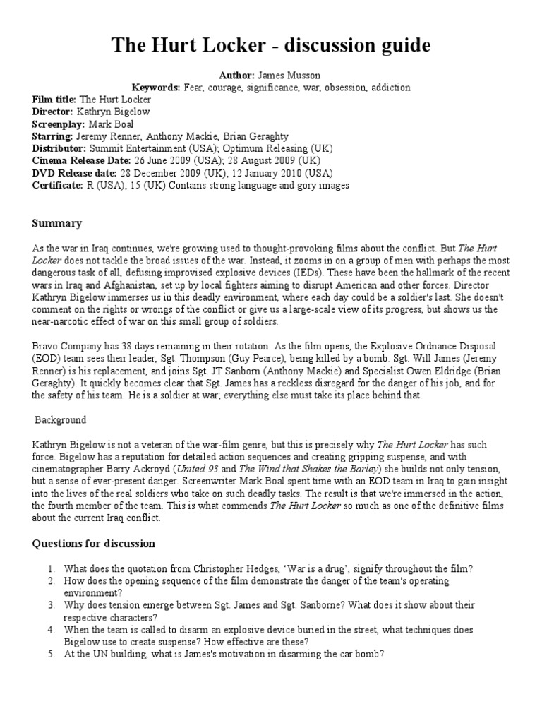 The Hurt Locker Discussion Guide | PDF | Leisure | Violence