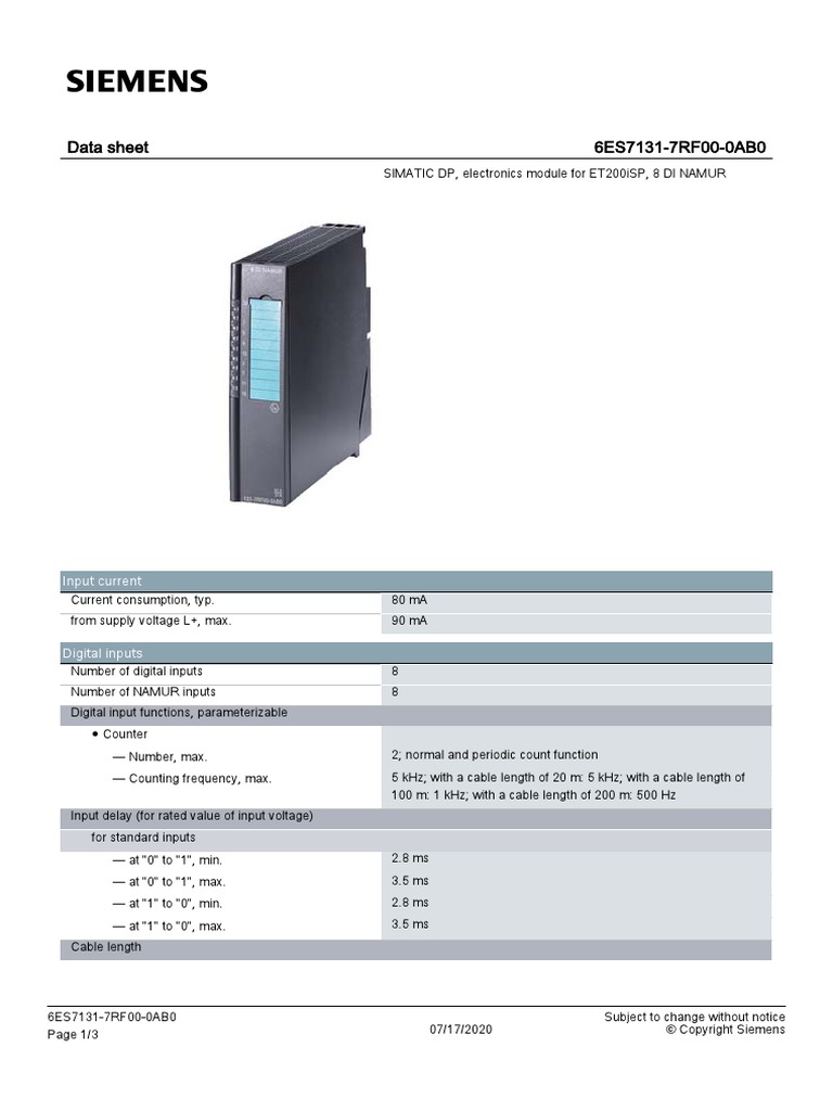 Data Sheet 6ES7131-7RF00-0AB0: Input Current | PDF | Hertz ...