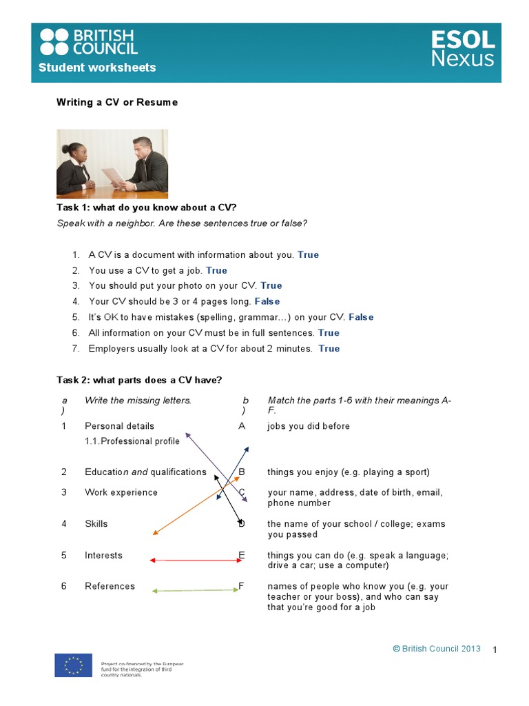 Student Worksheets: Writing A CV or Resume | PDF | Résumé | Wellness