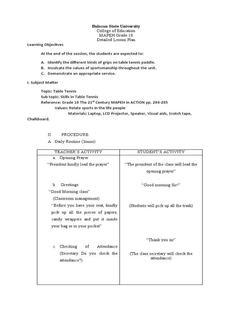 ST Lesson Plan | PDF | Table Tennis | Racquet Sports