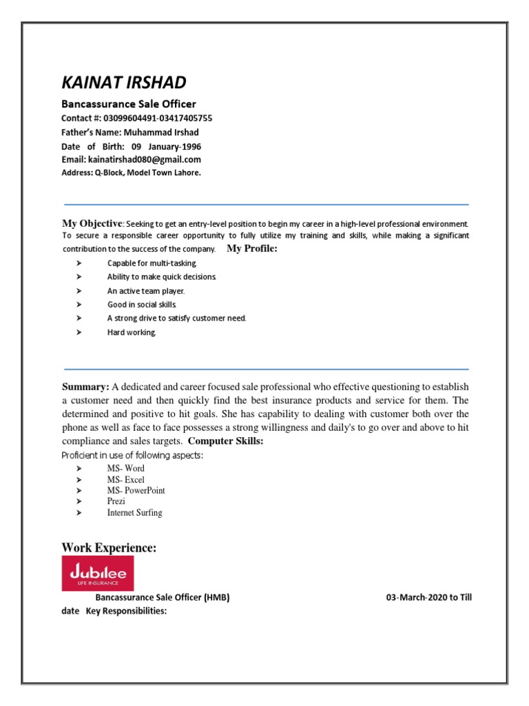 Kainat CV | PDF | Banks | Insurance