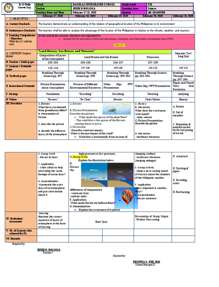 Science - 7 - DLL - Q4 - Land Breeze, Sea Breeze and Monsoon | PDF ...