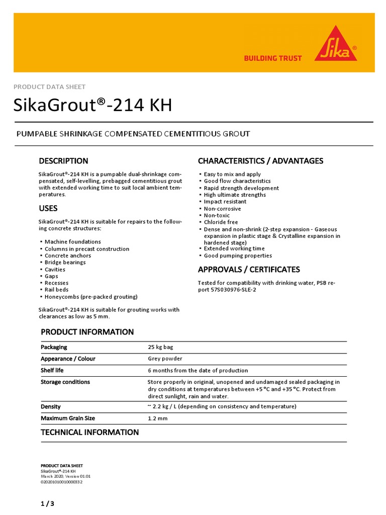Sikagrout®-214 KH: Pumpable Shrinkage Compensated Cementitious Grout ...