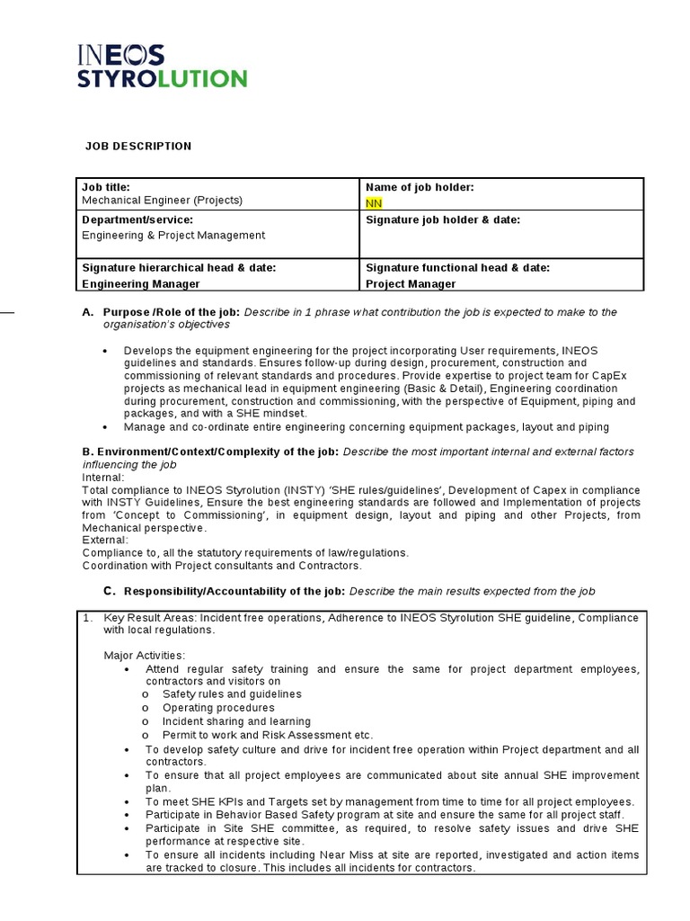 JD - Mechanical Engineer - Projects | PDF | Specification (Technical Standard) | Regulatory ...