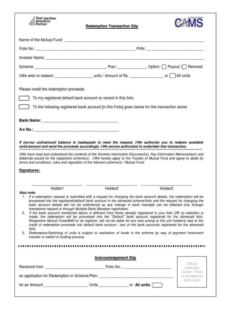 Redemption Transaction Slip | PDF | Mutual Funds | Banks