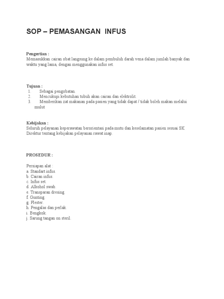 Sop - Pemasangan Infus: Pengertian | PDF | Pengembangan Diri | Sains ...