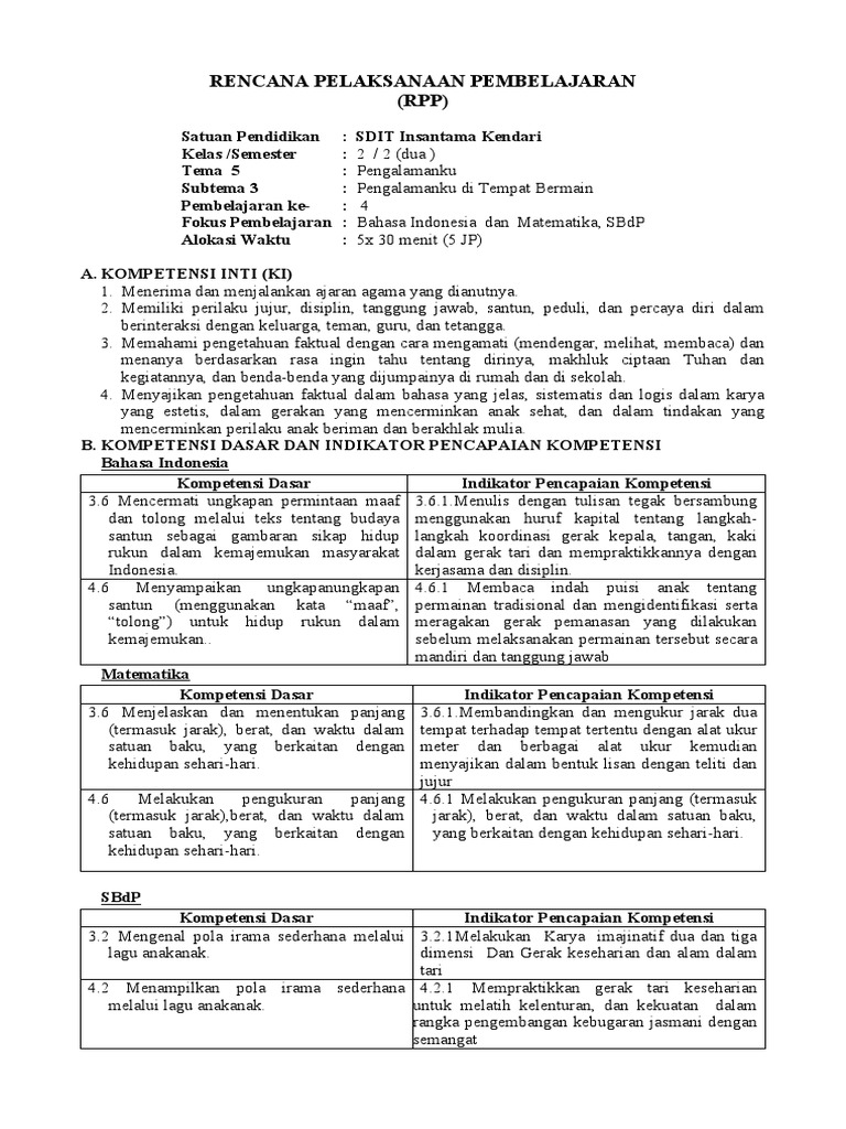RPP Kelas 2 Tema 5 Subtema 3 Pemb 4 | PDF