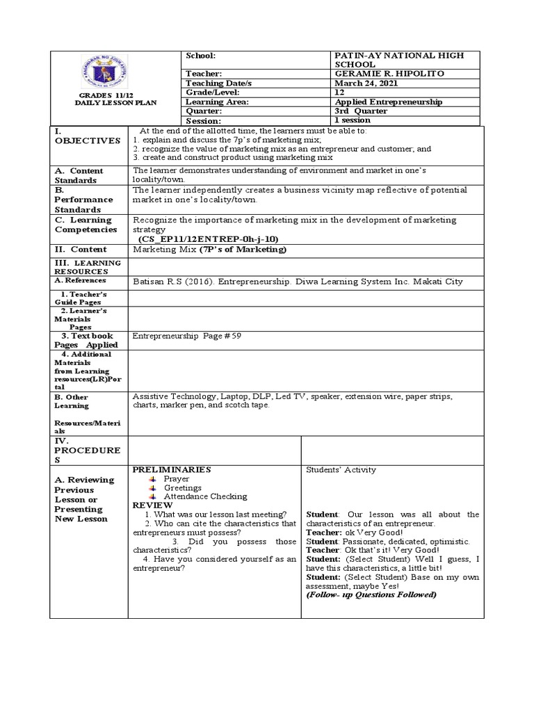 DLP Entrep Final | PDF | Teachers | Marketing