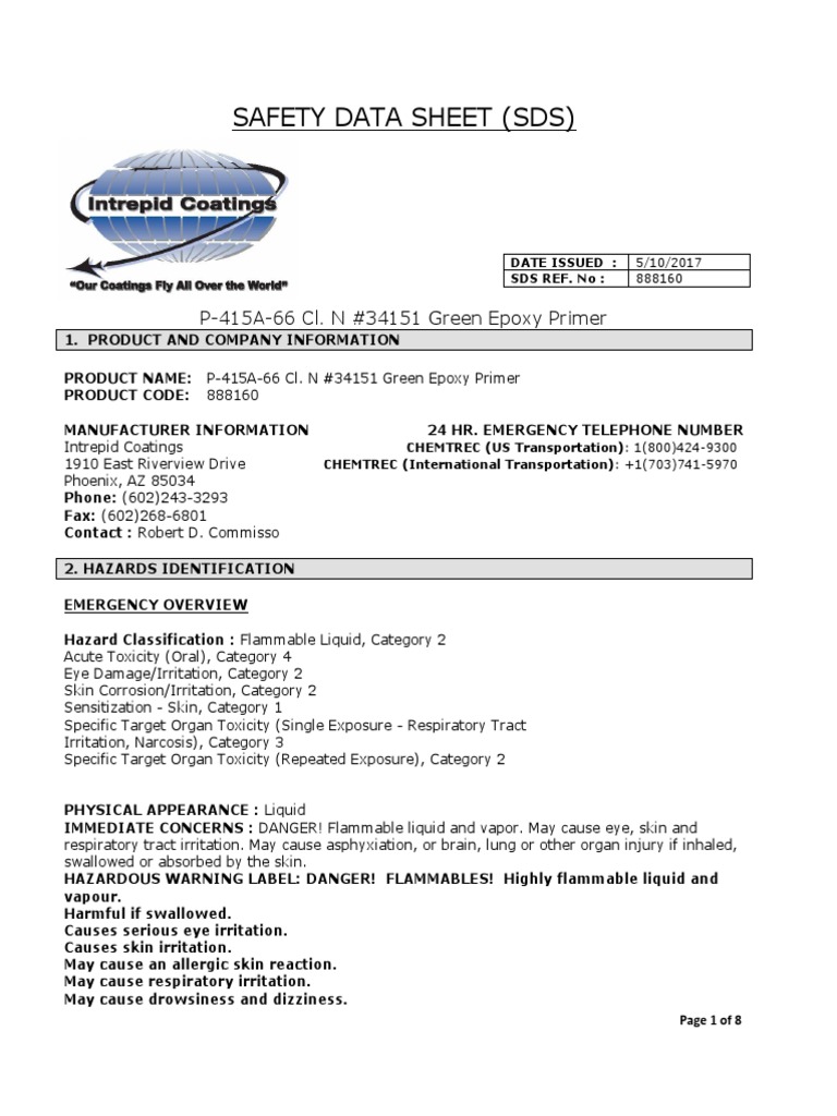 Safety Data Sheet for P-415A-66 Cl. N #34151 Green Epoxy Primer | PDF ...