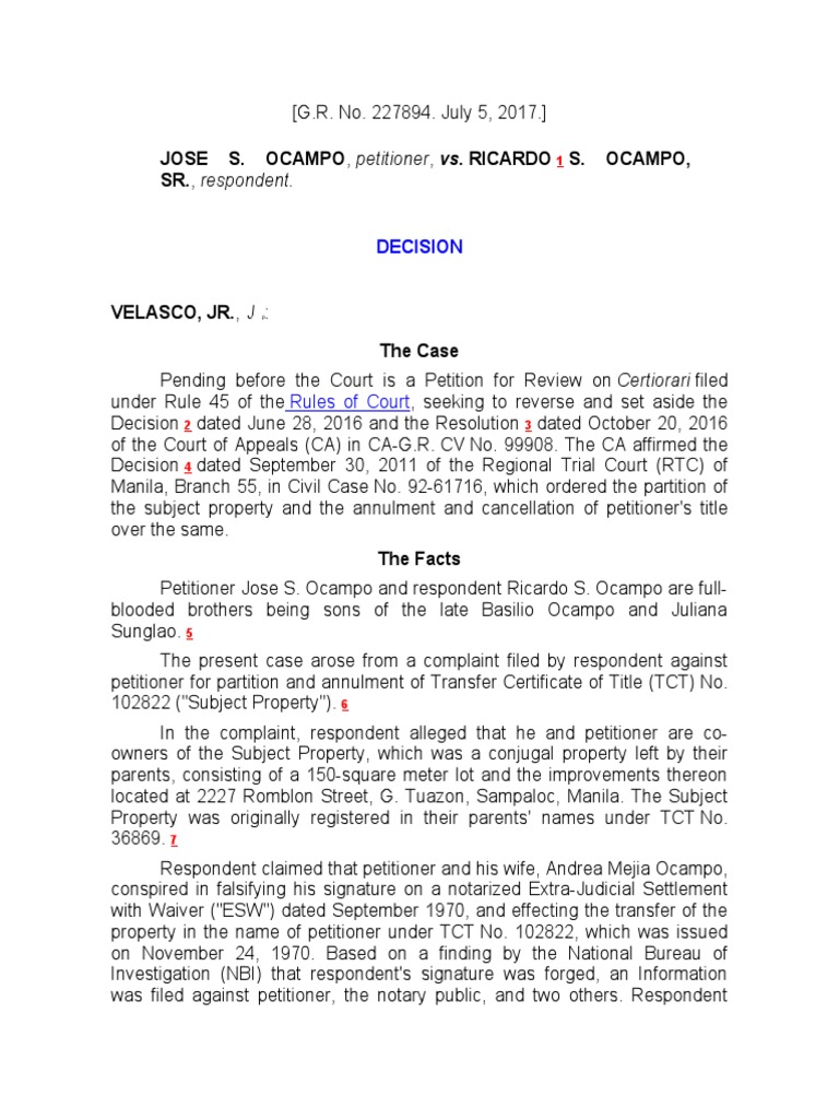 JOSE S. OCAMPO, Petitioner, vs. RICARDO SR., Respondent | PDF | Laches ...