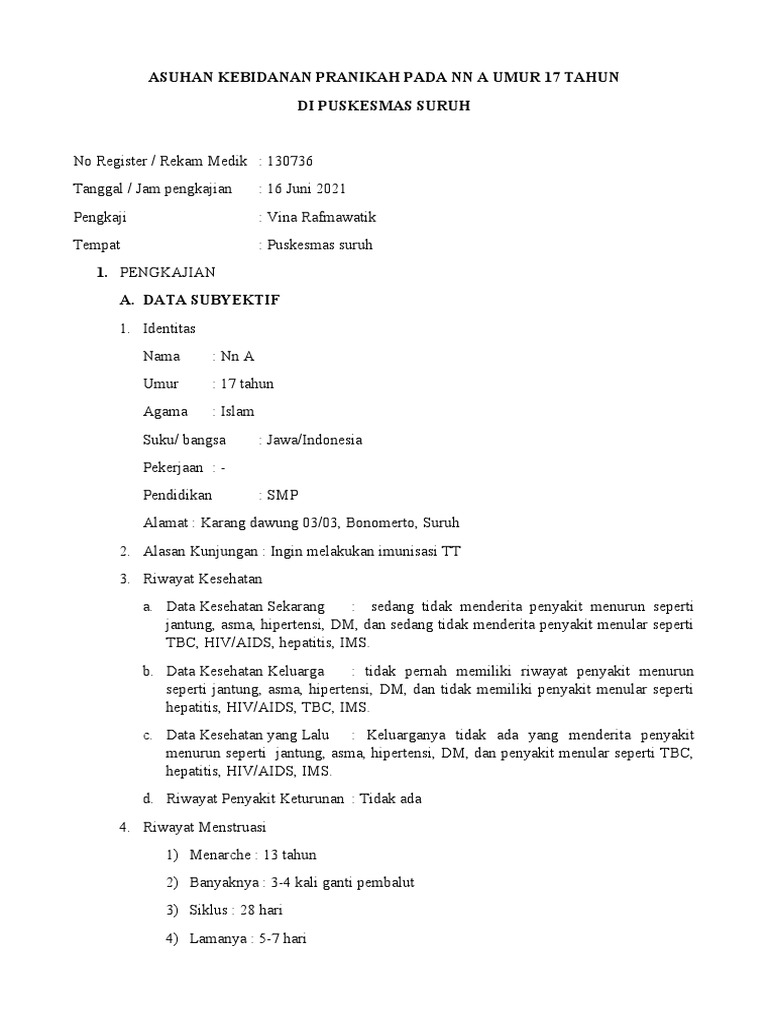 Askeb Pranikah Nn A di Puskesmas Suruh | PDF | Sains & Matematika