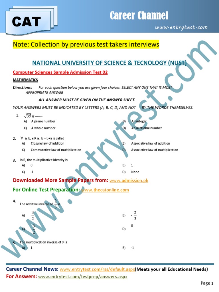 Nust Computer Science Sample Paper 02 | PDF | Velocity | Acceleration
