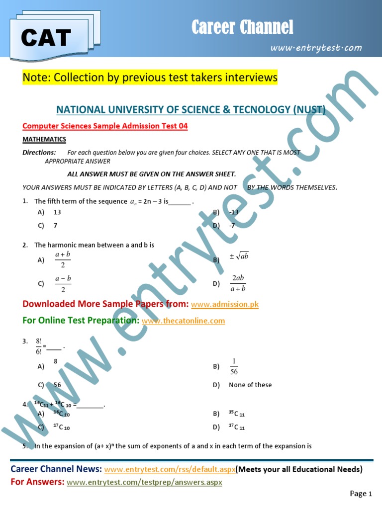 Nust Computer Science Sample Paper 04 | PDF | Velocity | Momentum