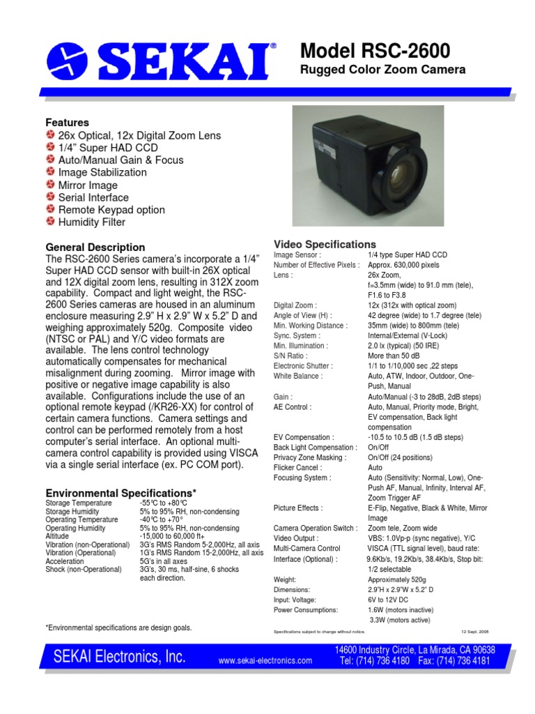 Model RSC-2600: SEKAI Electronics, Inc | PDF | Zoom Lens | Camera