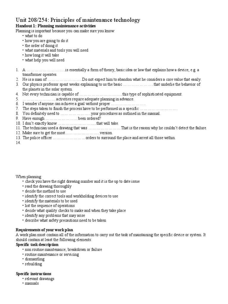 Unit 208/254: Principles of Maintenance Technology: Handout 1: Planning ...