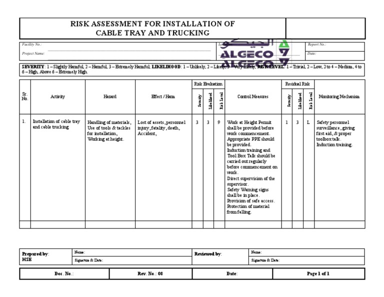 Risk Assessment For Installation of Cable Tray and Trucking | PDF ...
