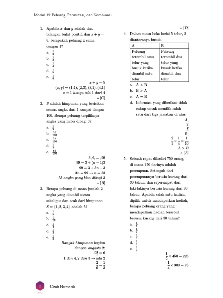 Bab XIX Peluang, Permutasi, Dan Kombinasi (Pembahasan) | PDF